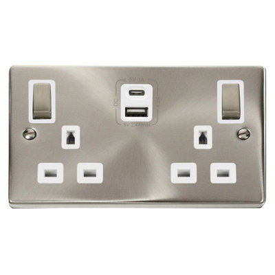Satin / Brushed Chrome 2 Gang 13A DP Ingot Type A & C USB Twin Double ...