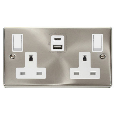 Satin / Brushed Chrome 2 Gang 13A Type A & C USB Twin Double Switched ...