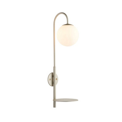 Satin Champagne Plug-In Wall Lamp Light Fitting & Shelf - Opal Glass ...