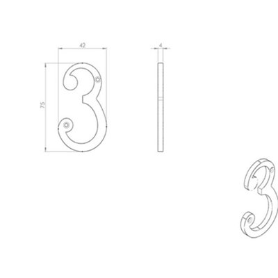 Satin Chrome Door Number 3 - 75mm Height 4mm Depth House Numeral Plaque