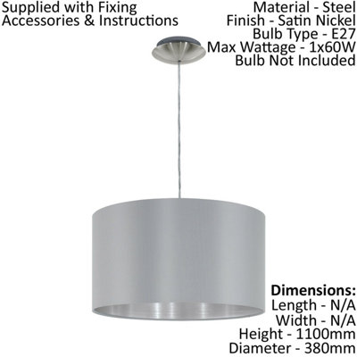 Satin Nickel Grey Fabric Pendant Ceiling Light with E27 Bulb Socket