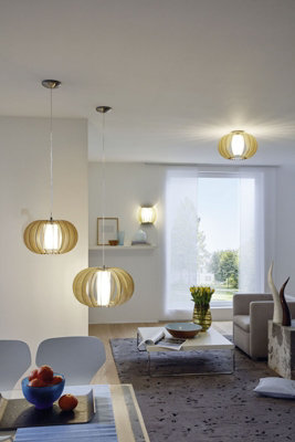 Satin Nickel Pendant Ceiling Light with Maple White Wood and Glass ...