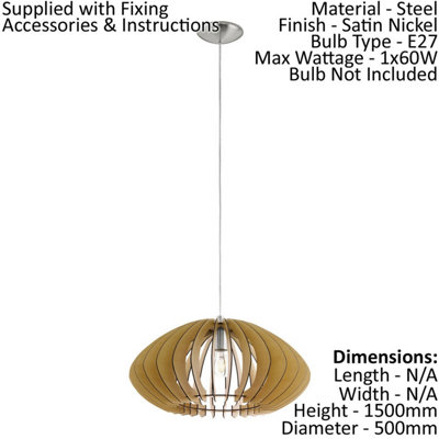 Satin Nickel Pendant Ceiling Light with Maple Wood Shade and E27 Bulb ...