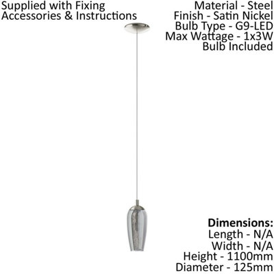 Satin Nickel Pendant Ceiling Light with Smoked Glass Shade and G9 Bulb