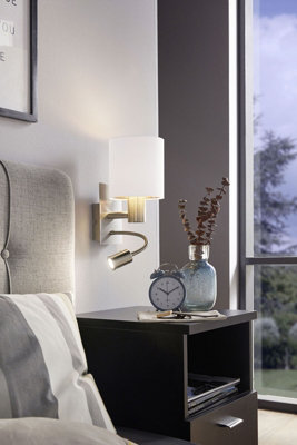 Satin Nickel Wall Light with White Fabric Shade and LED Bulb