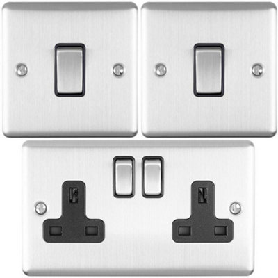 SATIN STEEL Bedroom Socket & Switch Set - 1x Light & 2x Double UK Power ...