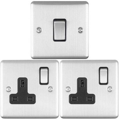 SATIN STEEL Bedroom Socket & Switch Set - 1x Light Switch & 2x UK Power ...