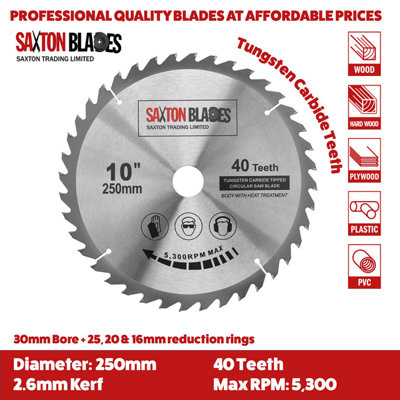 Saxton TCT25040T TCT Circular Saw Blade 250mm x 40T x 30mm Bore + 16 ...