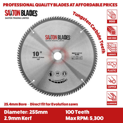 Saxton TCT255100T254BMPB TCT Circular Saw Blade 255mm x 100T x 25.4mm Bore Aluminium Laminate ...
