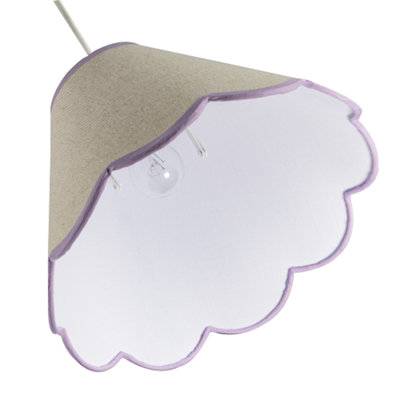 SCALLOP EDGE NATURAL TEXTURED LINEN COOLIE LAMP SHADE WITH LILAC TRIMS
