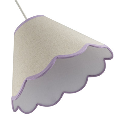 SCALLOP EDGE NATURAL TEXTURED LINEN COOLIE LAMP SHADE WITH LILAC TRIMS