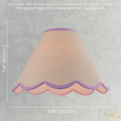 SCALLOP EDGE NATURAL TEXTURED LINEN COOLIE LAMP SHADE WITH LILAC TRIMS