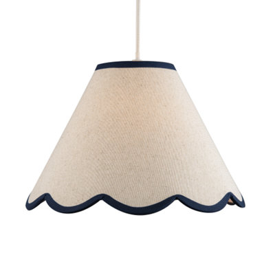 Scallop Edge Natural Textured Linen Coolie Lamp Shade with Navy Trims