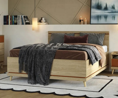 Scandi Oak Oiled & Brick EU King Bed Frame - Elegant 160x200cm Wooden ...