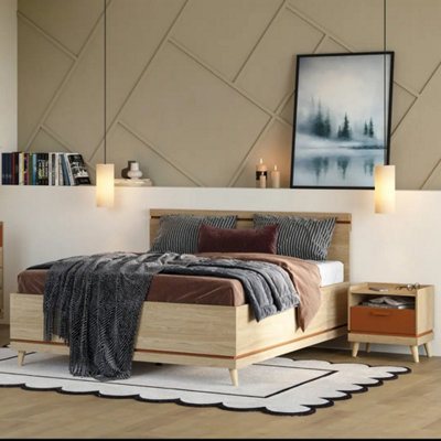 Scandi Oak Oiled & Brick EU King Bed Frame - Elegant 160x200cm Wooden ...