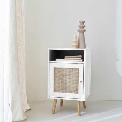 Scandi-style wood and cane rattan bedside table with cupboard ...