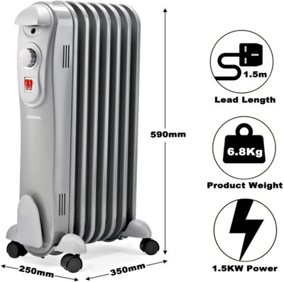 Schallen 1500W 7 Fin Portable Electric Slim Oil Filled Radiator Heater ...