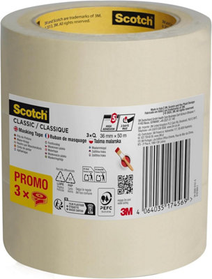 Scotch Classic Masking Tape 36mm x 50m 3 Rolls/Pack