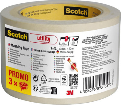 Scotch Utility Masking Tape, 30 mm x 50m, 3 ROLL PROMO PACK