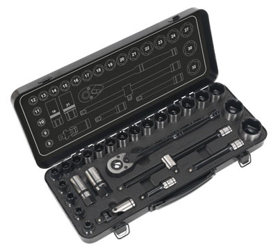 Sealey 28 Pcs 1/2" Square Drive 6 Point WallDrive Black Series Socket ...