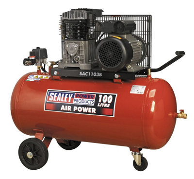 SEALEY AIR COMPRESSOR 100L BELT DRIVE 3HP WITH CAST CYLINDERS & WHEELS ...