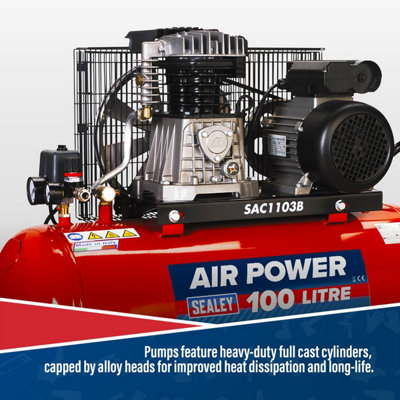 SEALEY AIR COMPRESSOR 100L BELT DRIVE 3HP WITH CAST CYLINDERS & WHEELS ...