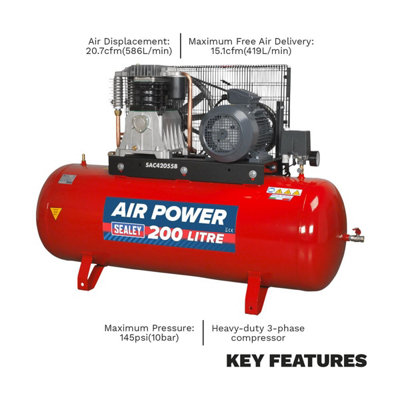 Sealey Air Compressor 200L Belt Drive 5.5hp 3ph 2-Stage with Cast ...