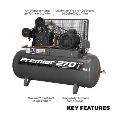 SEALEY AIR COMPRESSOR 270L BELT DRIVE 7.5HP 3PH - SAC32775B