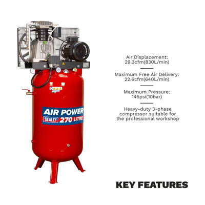 Sealey Air Compressor 270L Vertical Belt Drive 7.5hp 3ph 2-Stage with ...