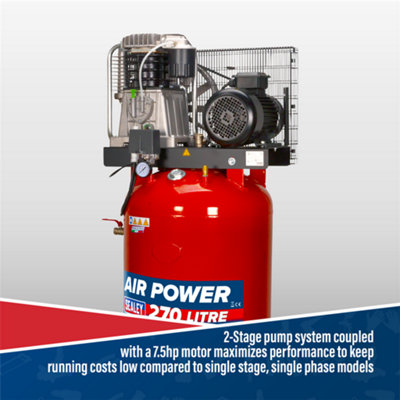 SEALEY AIR COMPRESSOR 270L VERTICAL BELT DRIVE 7.5HP 3PH 2-STAGE WITH ...