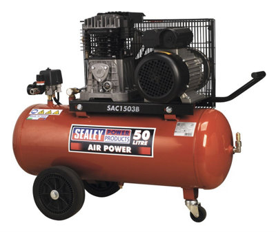 Sealey Air Compressor 50L Belt Drive 3hp with Cast Cylinders & Wheels ...