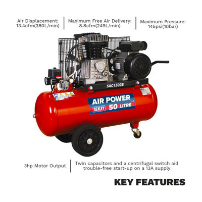 Sealey Air Compressor 50L Belt Drive 3hp with Cast Cylinders & Wheels ...