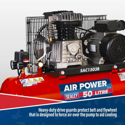 Sealey Air Compressor 50L Belt Drive 3hp with Cast Cylinders & Wheels ...
