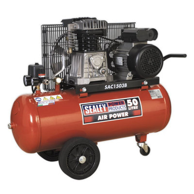 Sealey Air Compressor 50L Belt Drive 3hp with Cast Cylinders & Wheels ...