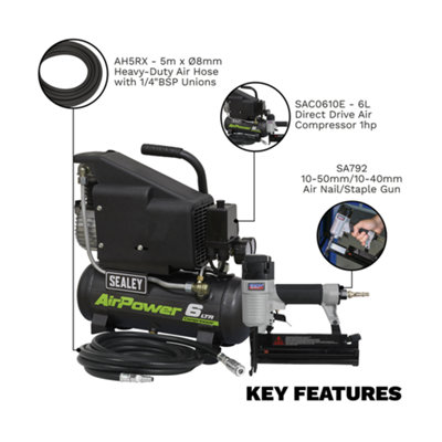 Sealey Air Nail/Staple Gun Kit including Air Compressor, Hose & Nailer ...
