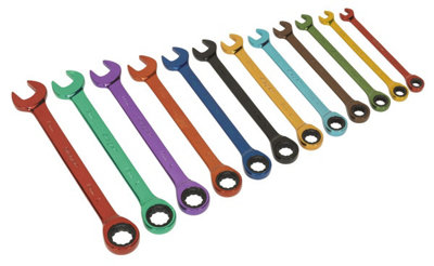Sealey Siegen Multi-Coloured Combination Ratchet Spanner Set 12pc S01075