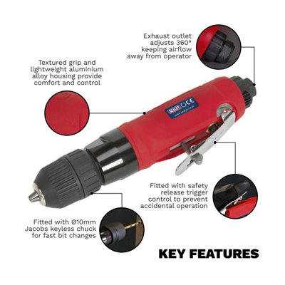 Sealey Straight Air Drill With Keyless Chuck 10mm 2500rpm - Red/Black ...