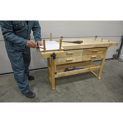 SEALEY WOODWORKING BENCH TOP WITH 4 DRAWERS RUBBER WOOD TOOL WELL SHELF ...