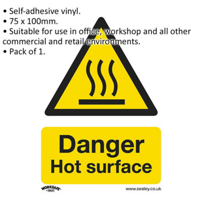 Self-Adhesive DANGER HOT SURFACE Safety Sign - 75mm x 100mm Vinyl Sticker