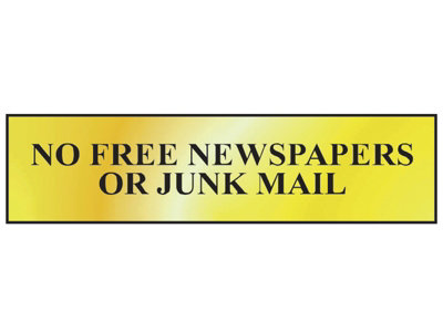 Self-Adhesive No Junk Mail Sign - Polished Brass Effect 200x50mm