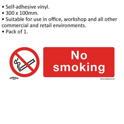 Self Adhesive No Smoking Health & Safety Sign - 300mm x 100mm Warning ...