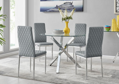 Selina Chrome Round Square Leg Glass Dining Table And 4 Elephant Grey ...