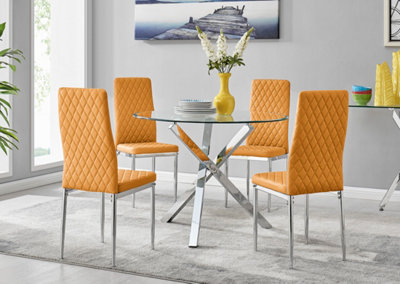Selina Chrome Round Square Leg Glass Dining Table And 4 Mustard Milan ...