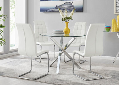 Selina Chrome Round Square Leg Glass Dining Table And 4 White Murano Chairs Set