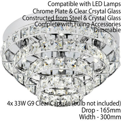 Semi Flush Ceiling Light Chrome & Crystal 4 Bulb Round Feature Lamp ...
