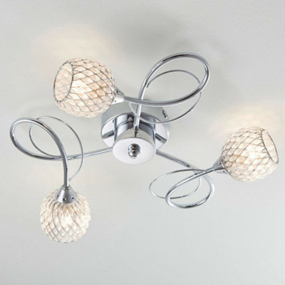 Semi Flush Ceiling Light Chrome Glass Beads 3 Bulb Hanging Pendant Lamp ...
