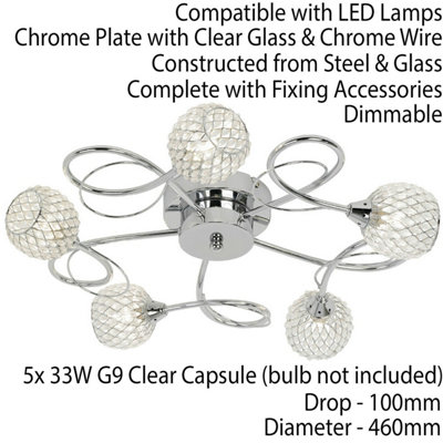 Semi Flush Ceiling Light Chrome Glass Beads 5 Bulb Hanging Pendant Lamp ...