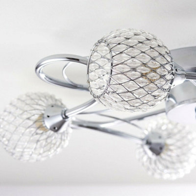Semi Flush Ceiling Light Chrome Glass Beads 5 Bulb Hanging Pendant Lamp ...