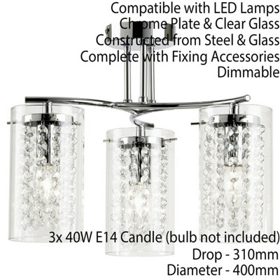 Semi Flush Ceiling Light Chrome Glass Drops 3 Bulb Hanging Pendant Lamp ...