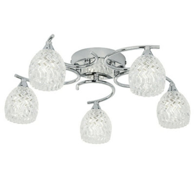 Semi Flush Ceiling Light Chrome Textured Glass 5 Bulb Hanging Pendant ...